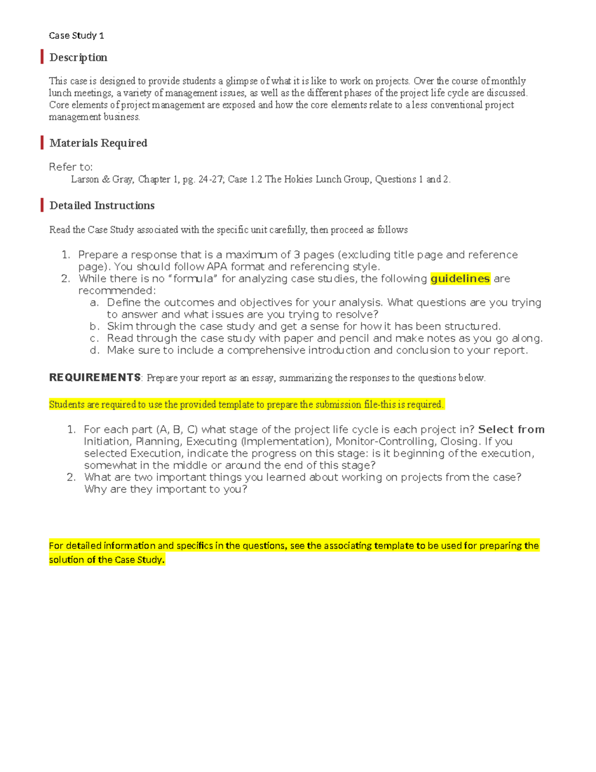 Case Study 1 - Summary Project Management - Case Study 1 Description ...