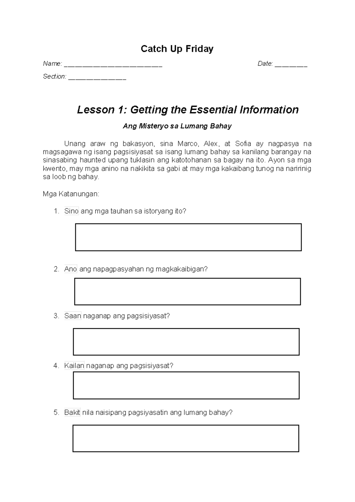 Catch Up Friday - Lesson 1 - Catch Up Friday Name ...