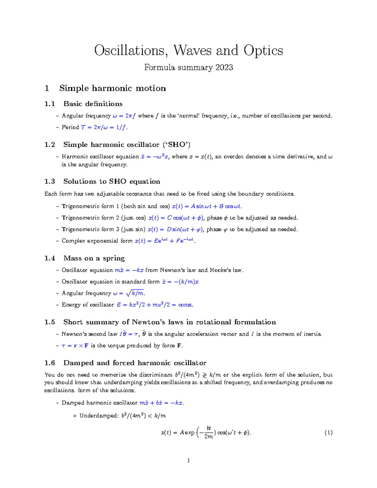 OWO summary - formulas paper - Oscillations, Waves and Optics Formula summary 2023 1 Simple ...