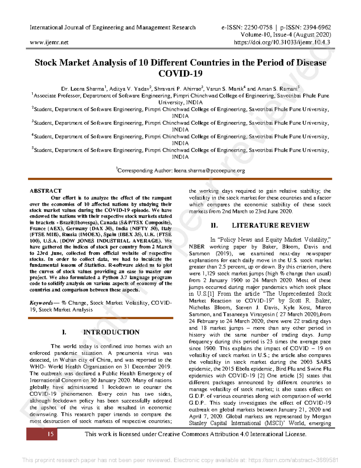 SSRN-id3669581 - hhjy - Volume-10, Issue-4 (August 2020) ijemr doi/10.31033/ijemr.10.4. 15 This ...