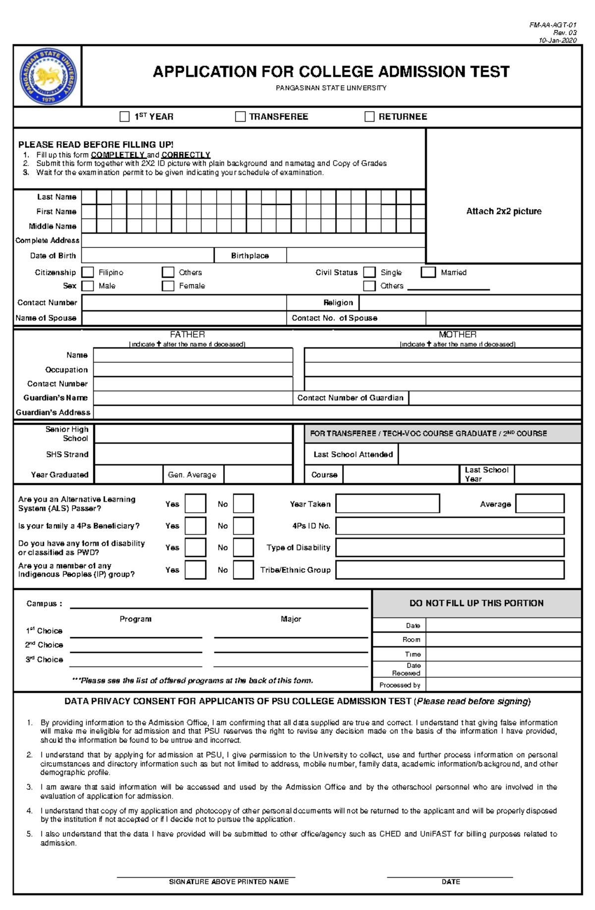 01 Application Form for College Admission Test rev - FM-AA-AGT- 01 Rev ...