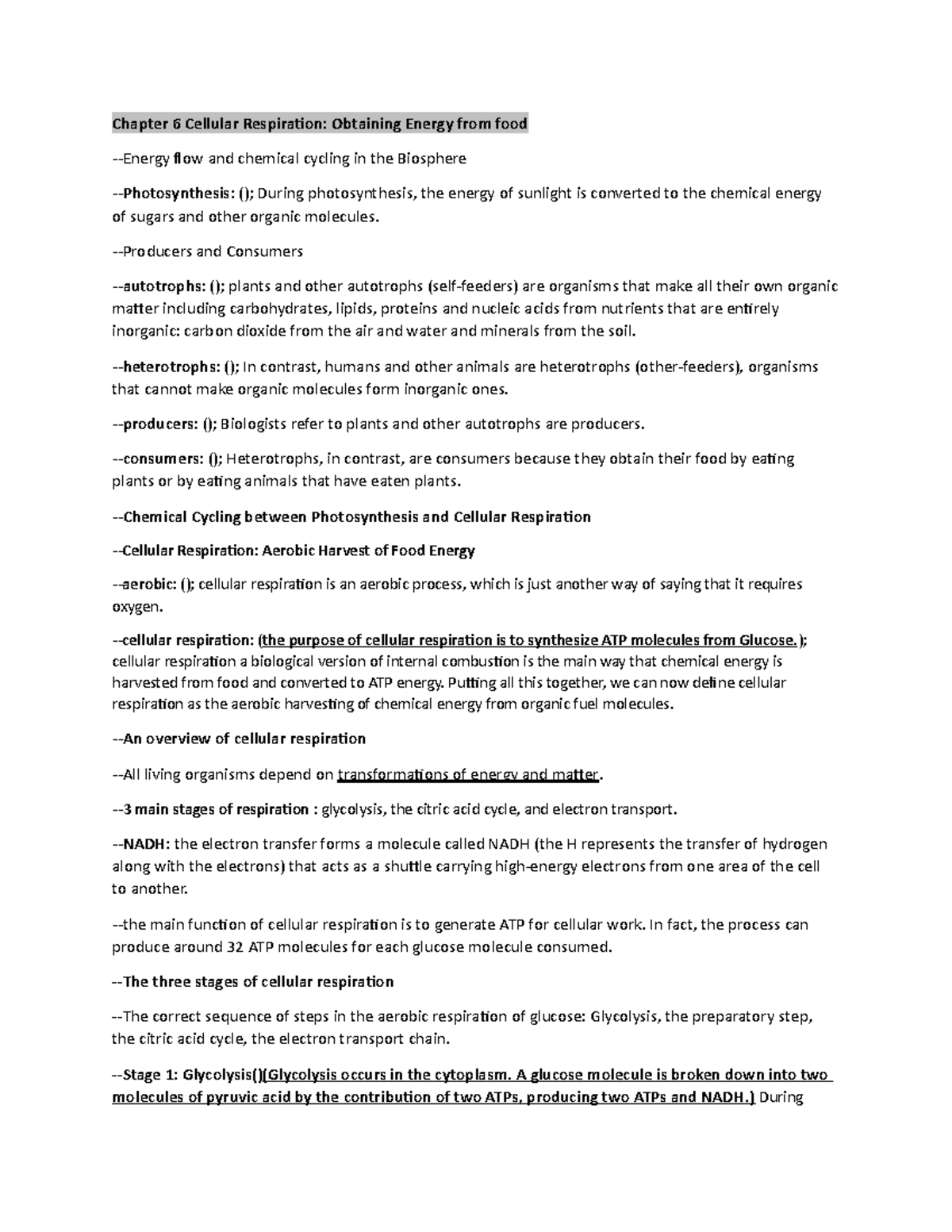 Chapter 6 Cellular Respiration Obtaining Energy from food -Producers ...