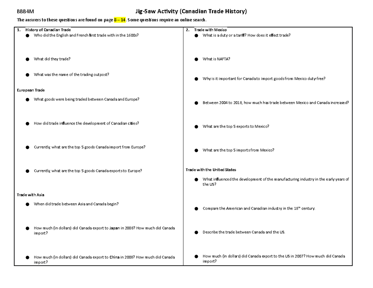 1.1 Jig-Saw Activity (Canadian Trade History) - Some questions require ...