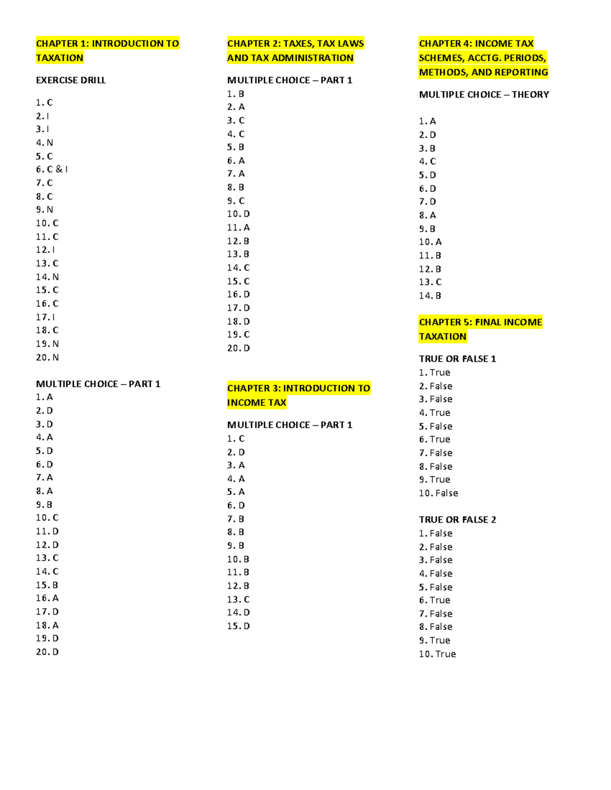 Taxation-Answer - CHAPTER 1: INTRODUCTION TO TAXATION EXERCISE DRILL 1 ...