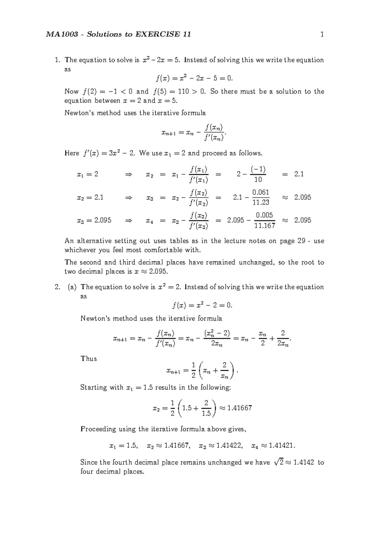 Exercise 11 Solutions - MA1003 - Solutions to EXERCISE 11 1 The ...
