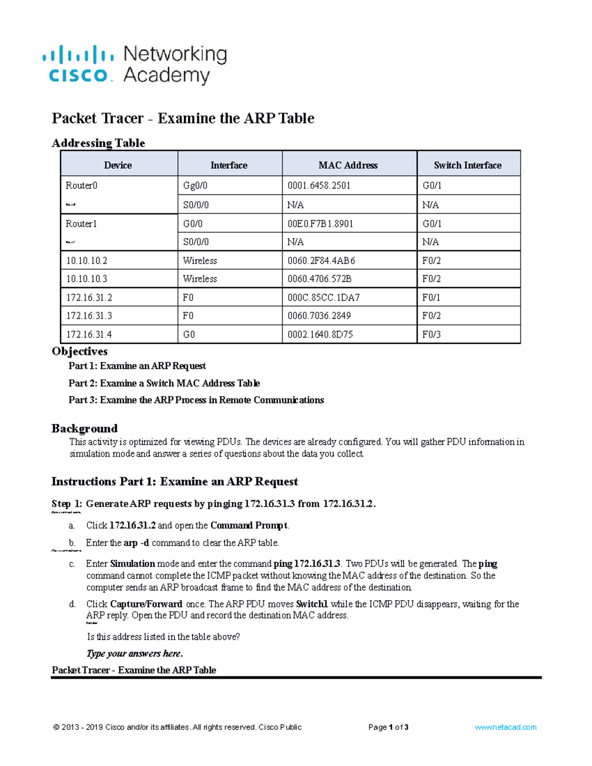 9.2.9-examine-the-arp-table - Packet Tracer - Examine the ARP Table Addressing Table Device ...
