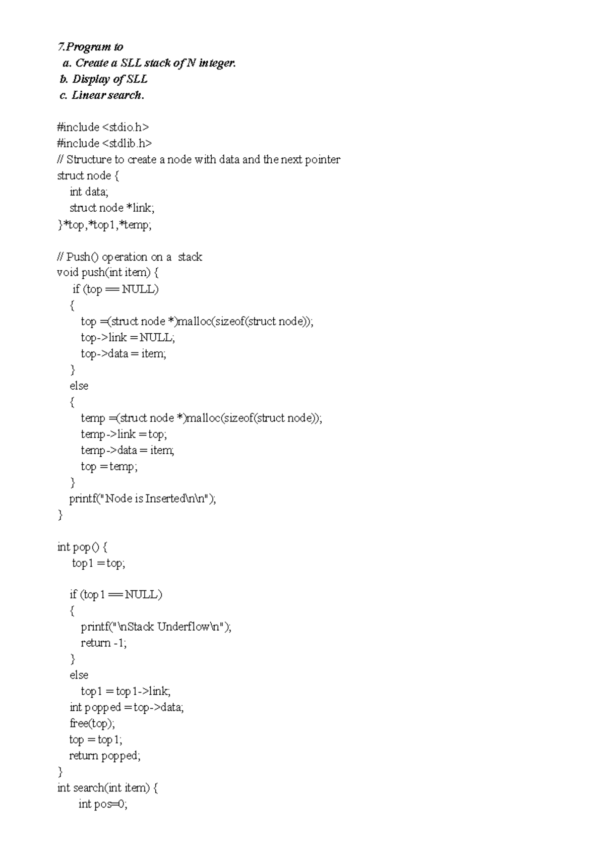 Ds Lab Program 7 And 8 7 To A Create A Sll Stack Of N Integer B