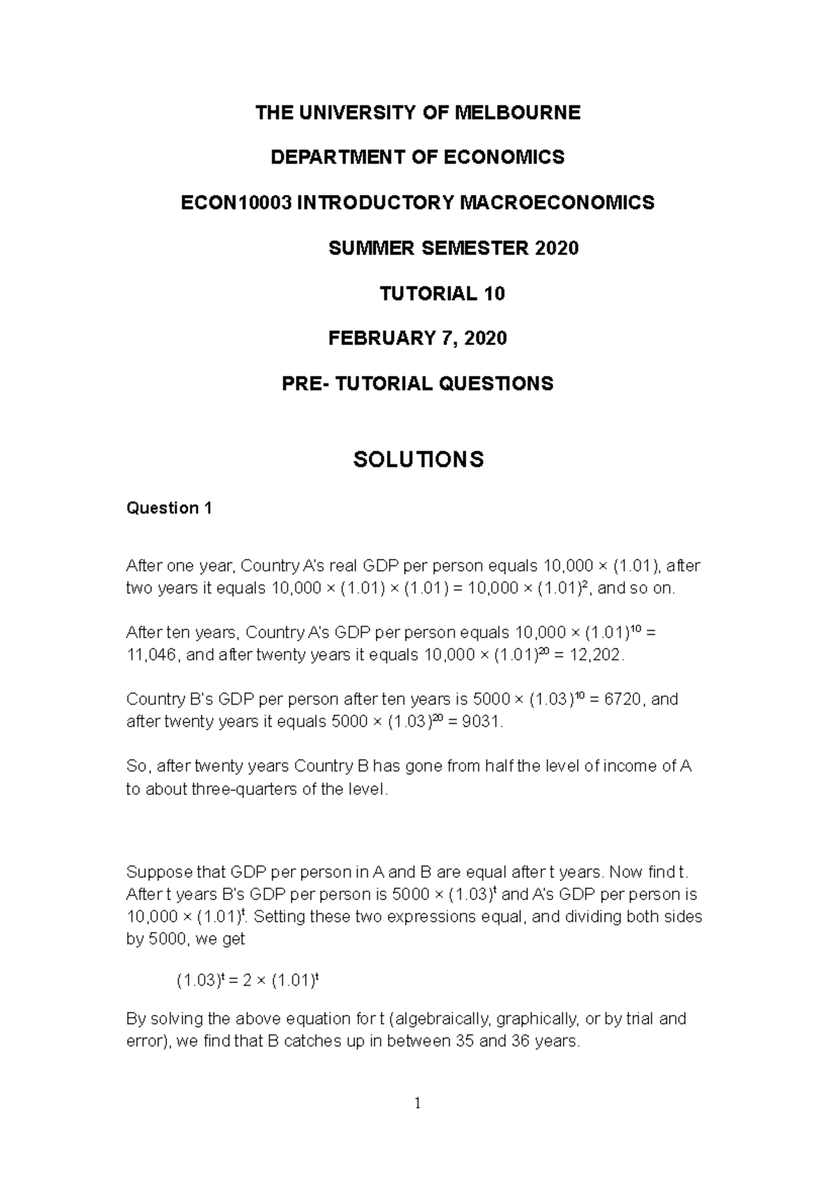 Pre-Tutorial Sheet 10 Solutions - THE UNIVERSITY OF MELBOURNE ...