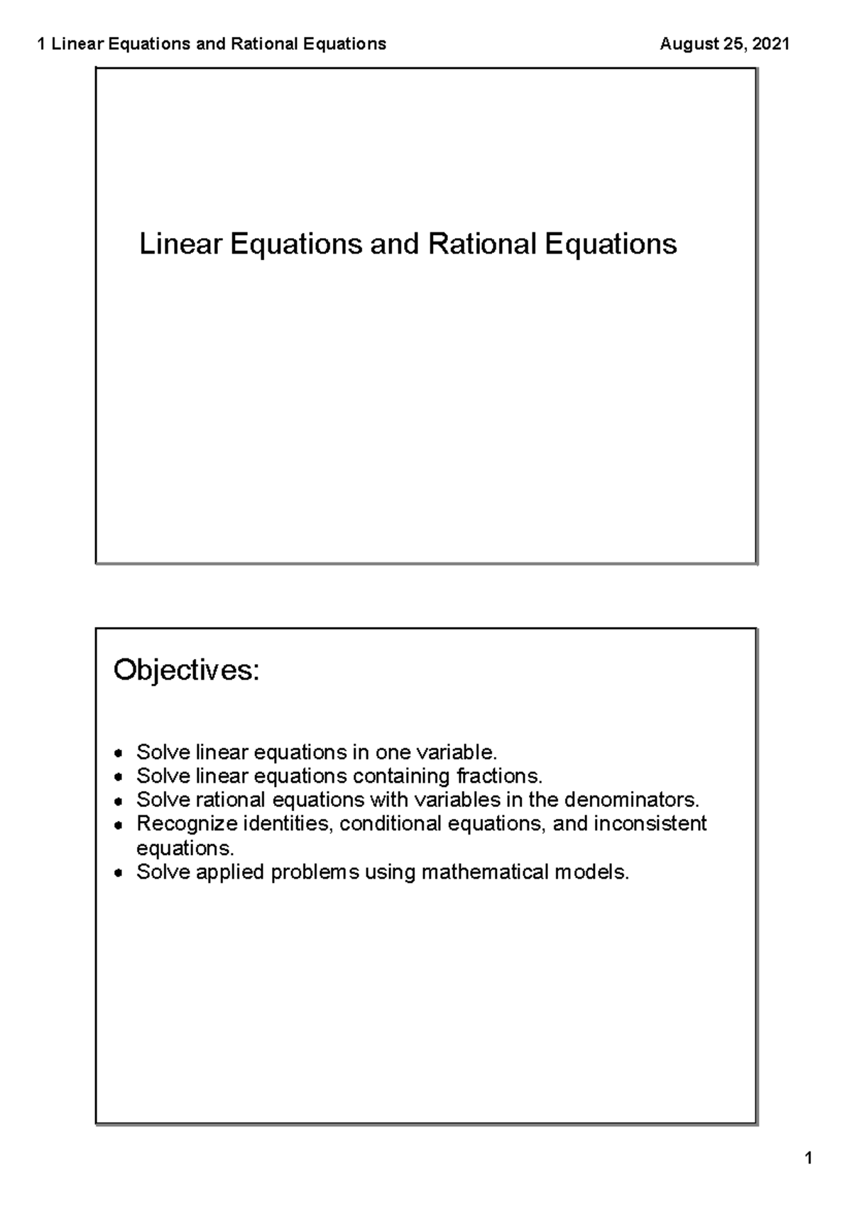 1 linear equations and rational equations - MATH 230 - Linear Equations ...