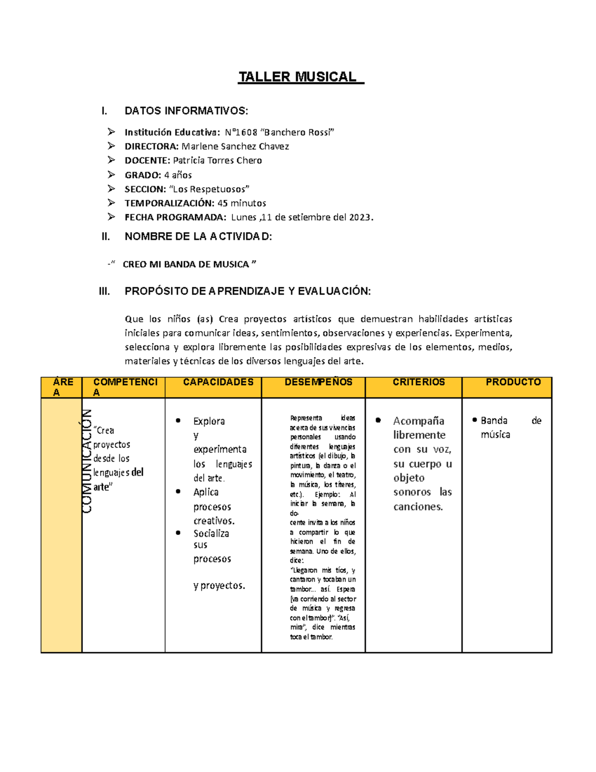 Taller Musical 11-09-23 - TALLER MUSICAL I. DATOS INFORMATIVOS ...