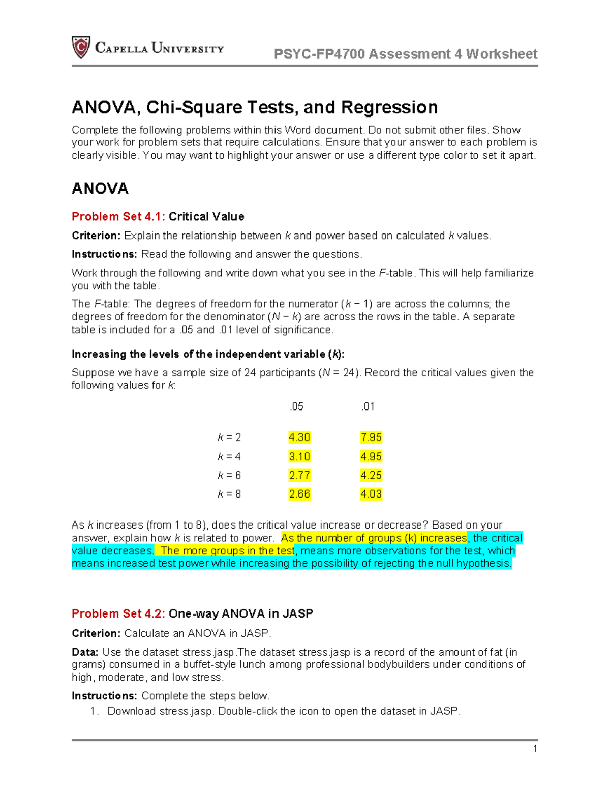 Psyfpx 4700 Stewart Amanda Assessment 4 - PSYC-FP4700 Assessment 4 Worksheet ANOVA, Chi-Square ...