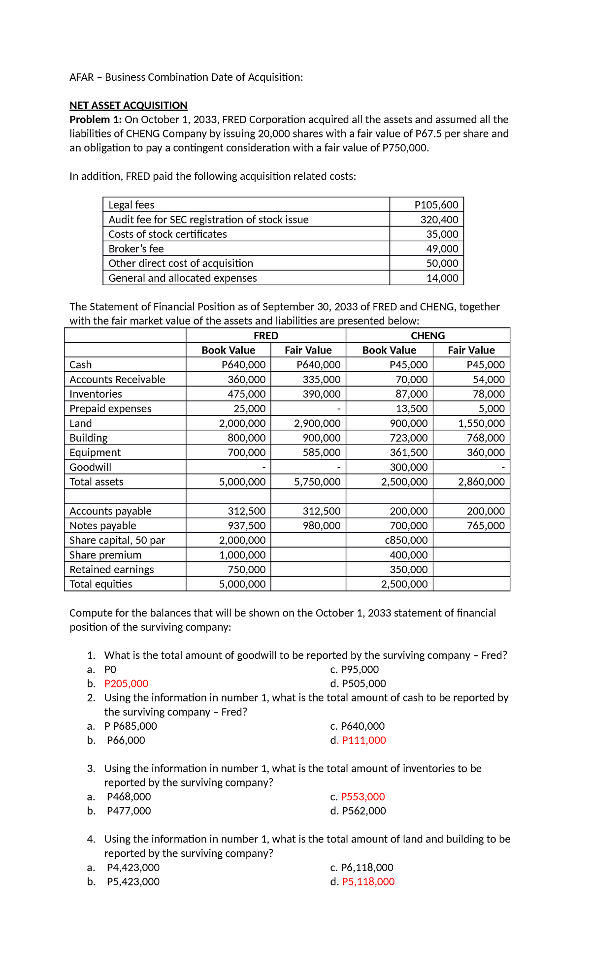 AFAR Handout Business Combination - AFAR – Business Combination Date of Acquisition: NET ASSET ...