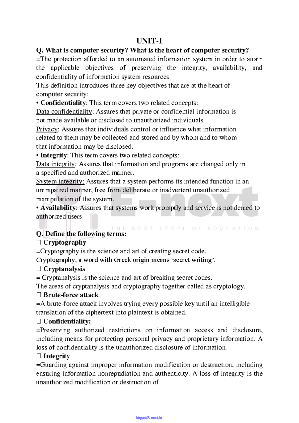 Unit-1 IMP Questions and Answers (E-next - UNIT- 1 Q. What is computer security? What is the ...