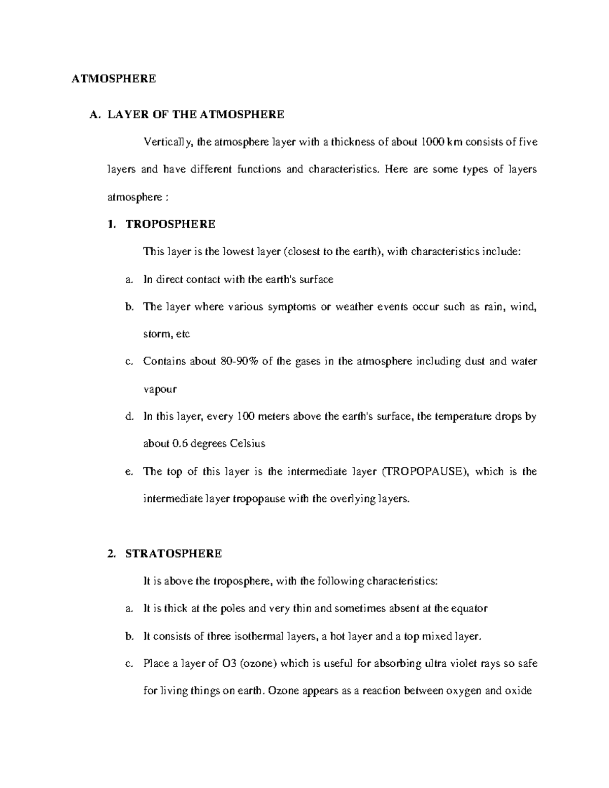 Atmosphere chapter material - ATMOSPHERE A. LAYER OF THE ATMOSPHERE ...