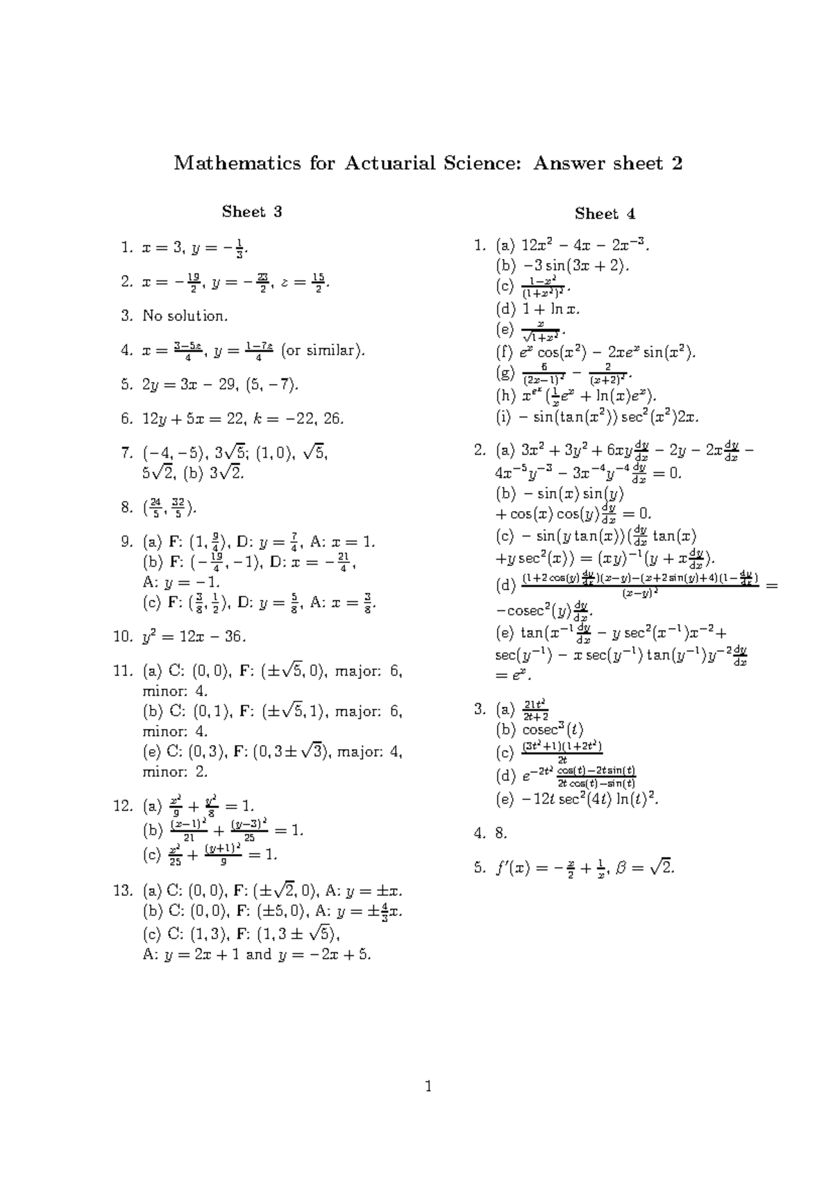 2009-2010 Exercise Sheet 3&4 - Answers - Mathematics for Actuarial ...
