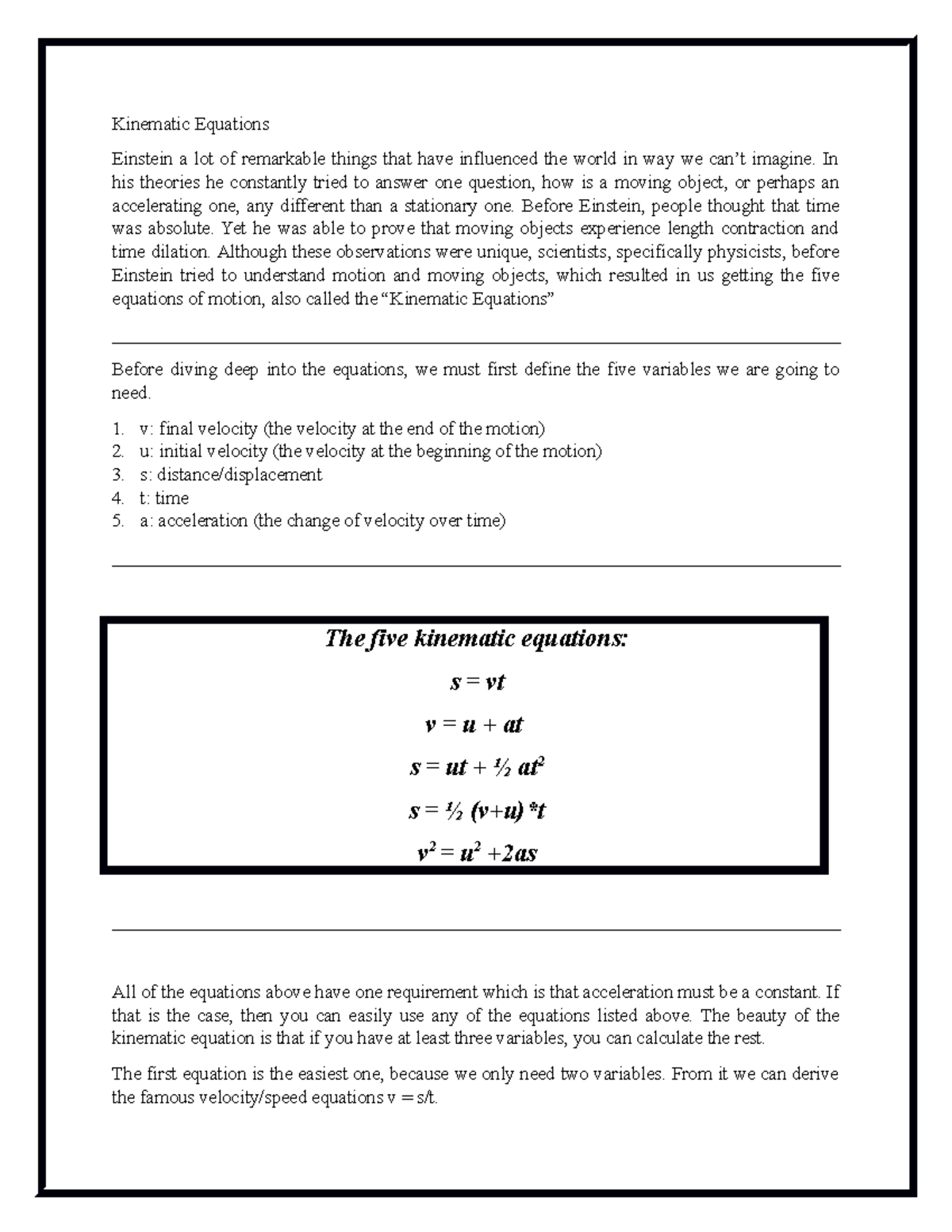 Kinematic Equations (simple summary with equations) - Kinematic ...