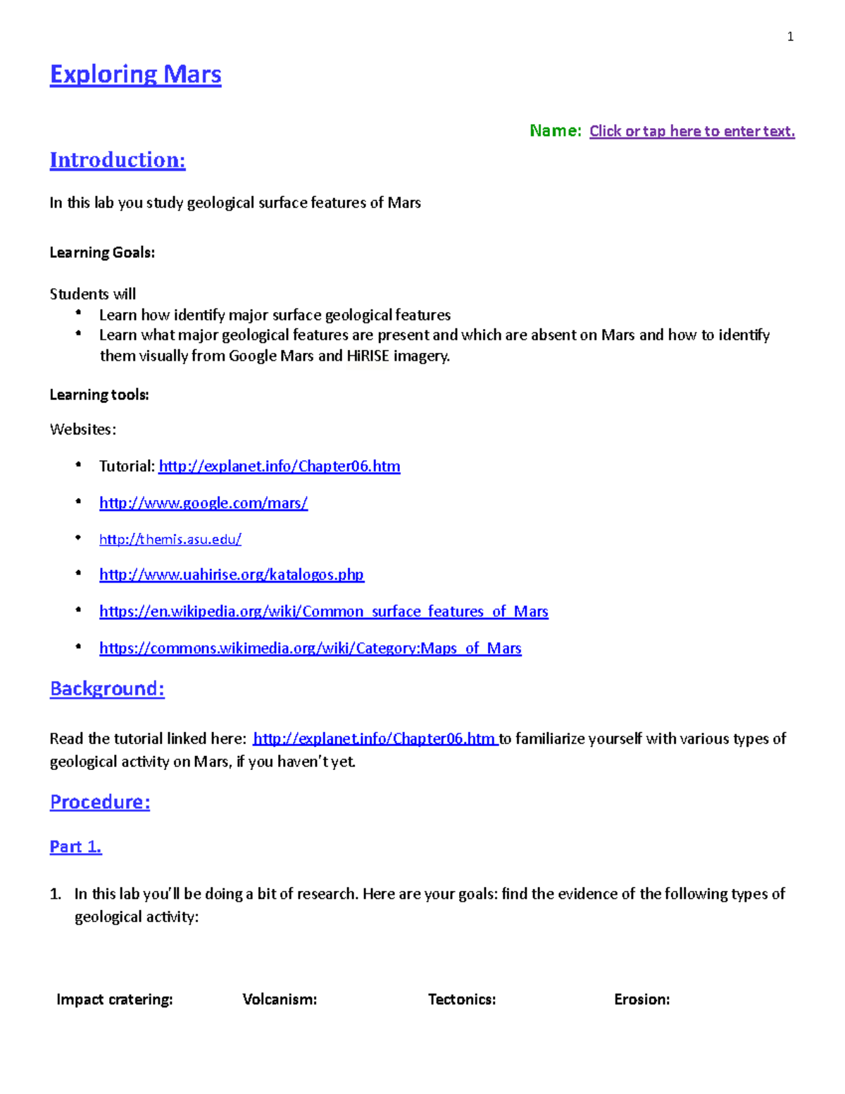 Mars Geology 2023(1) pdf - Exploring Mars Name: Click or tap here to ...