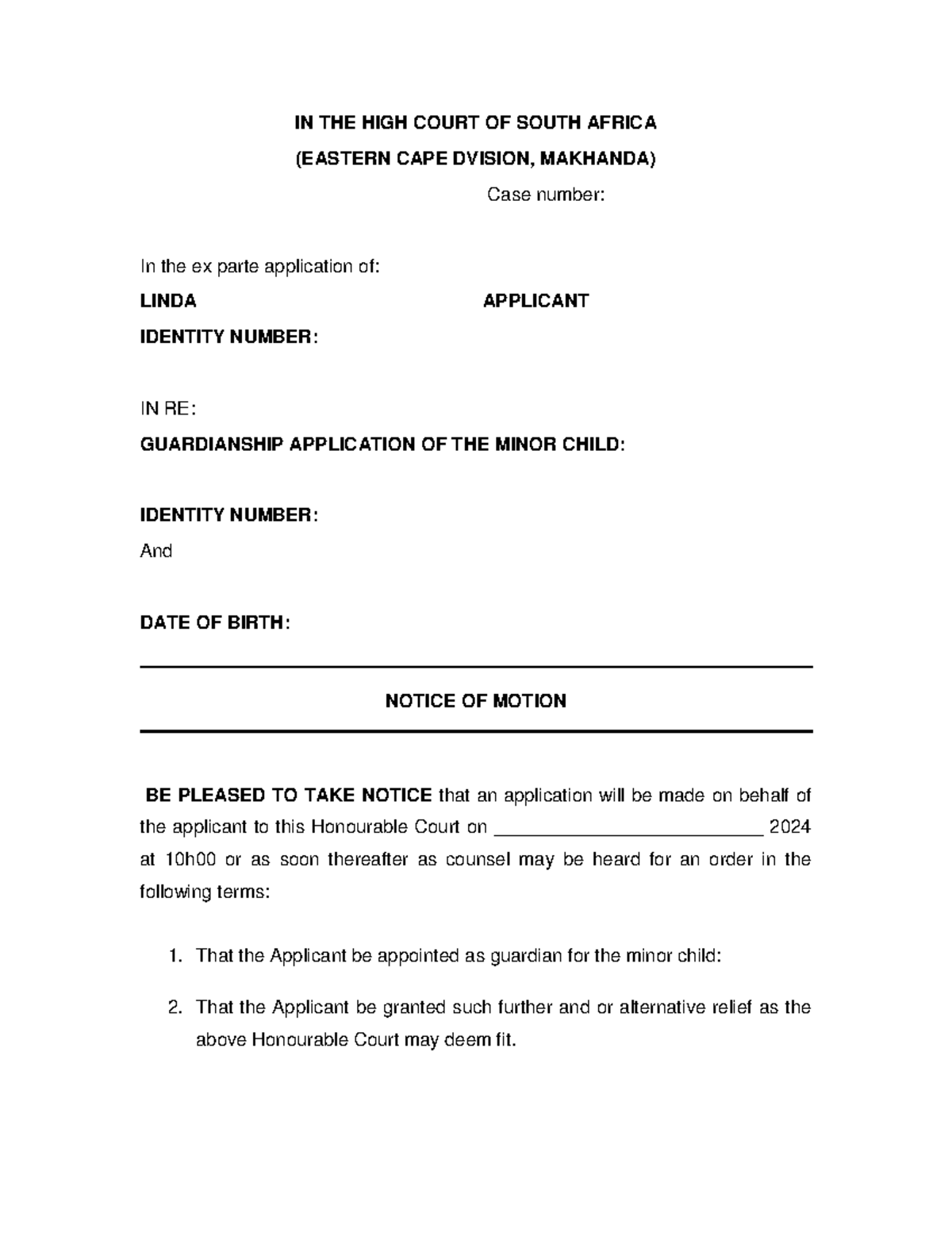 Notice OF Motion Guardianship- Template - IN THE HIGH COURT OF SOUTH ...