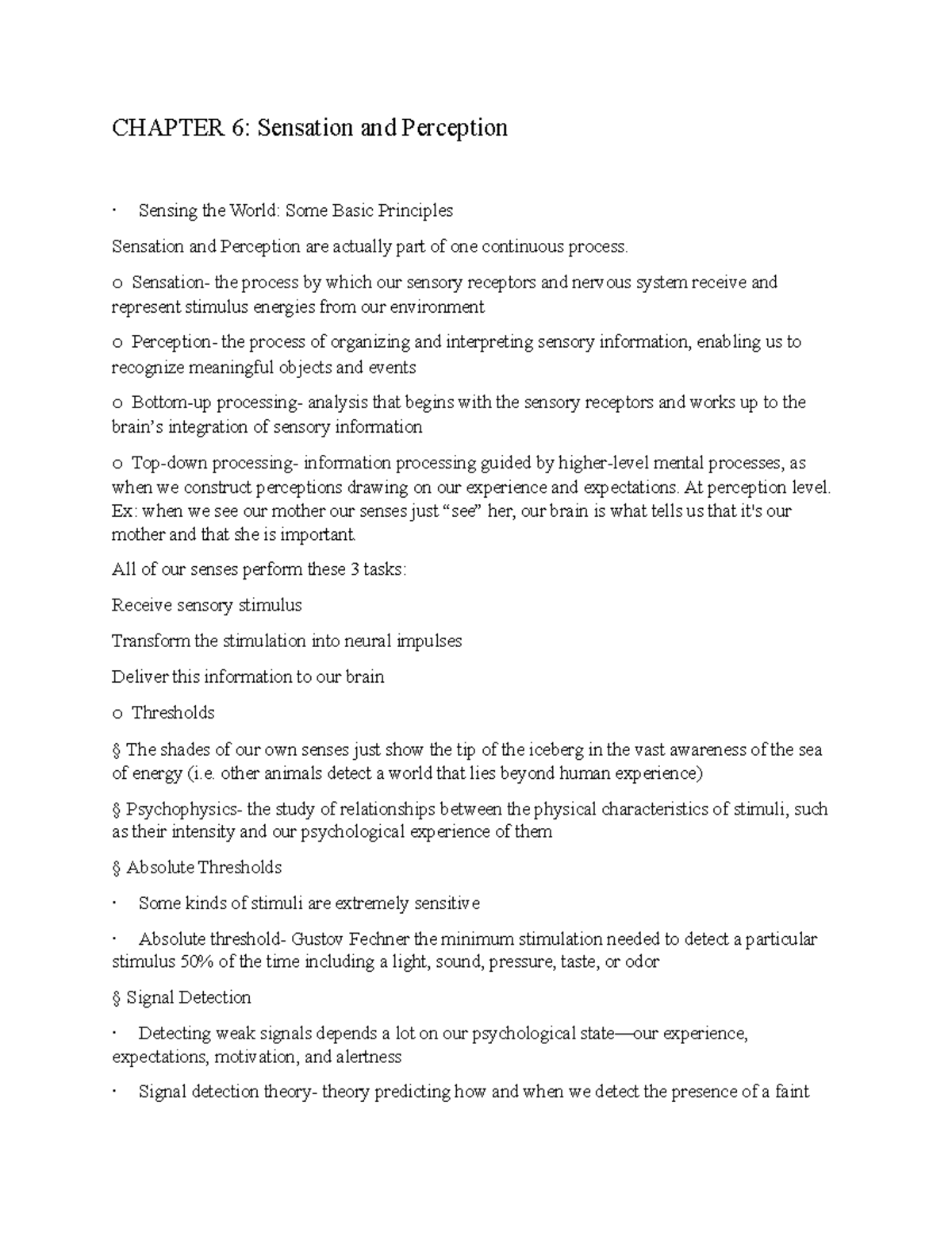 Ch 6-7 Psych - CHAPTER 6: Sensation and Perception · Sensing the World ...