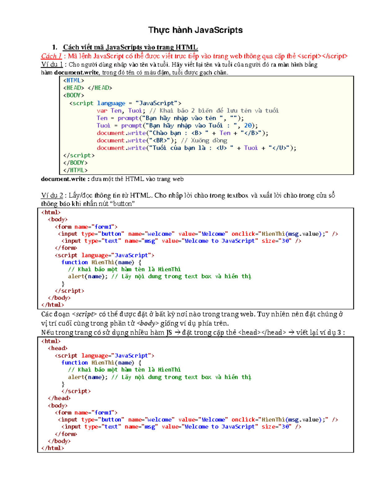 Web-Lab03 JS - Giáo trình web - Thực hành JavaScripts 1. Cách viết mã JavaScripts vào trang HTML ...