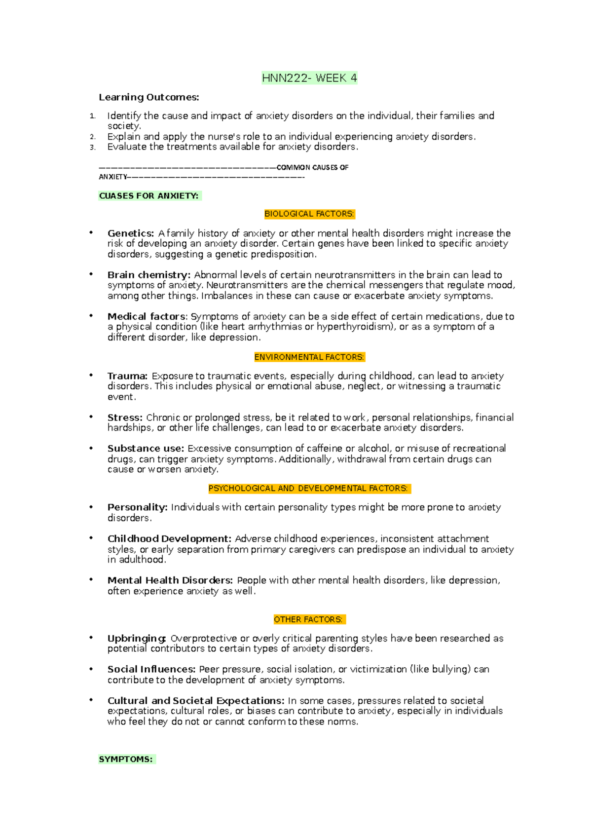 HNN222 week 4 - HNN222- WEEK 4 Learning Outcomes: 1. Identify the cause ...