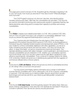 Hands-On Project 2-1 questions - Step 4: This page gives a brief overview of CVE. Read through ...