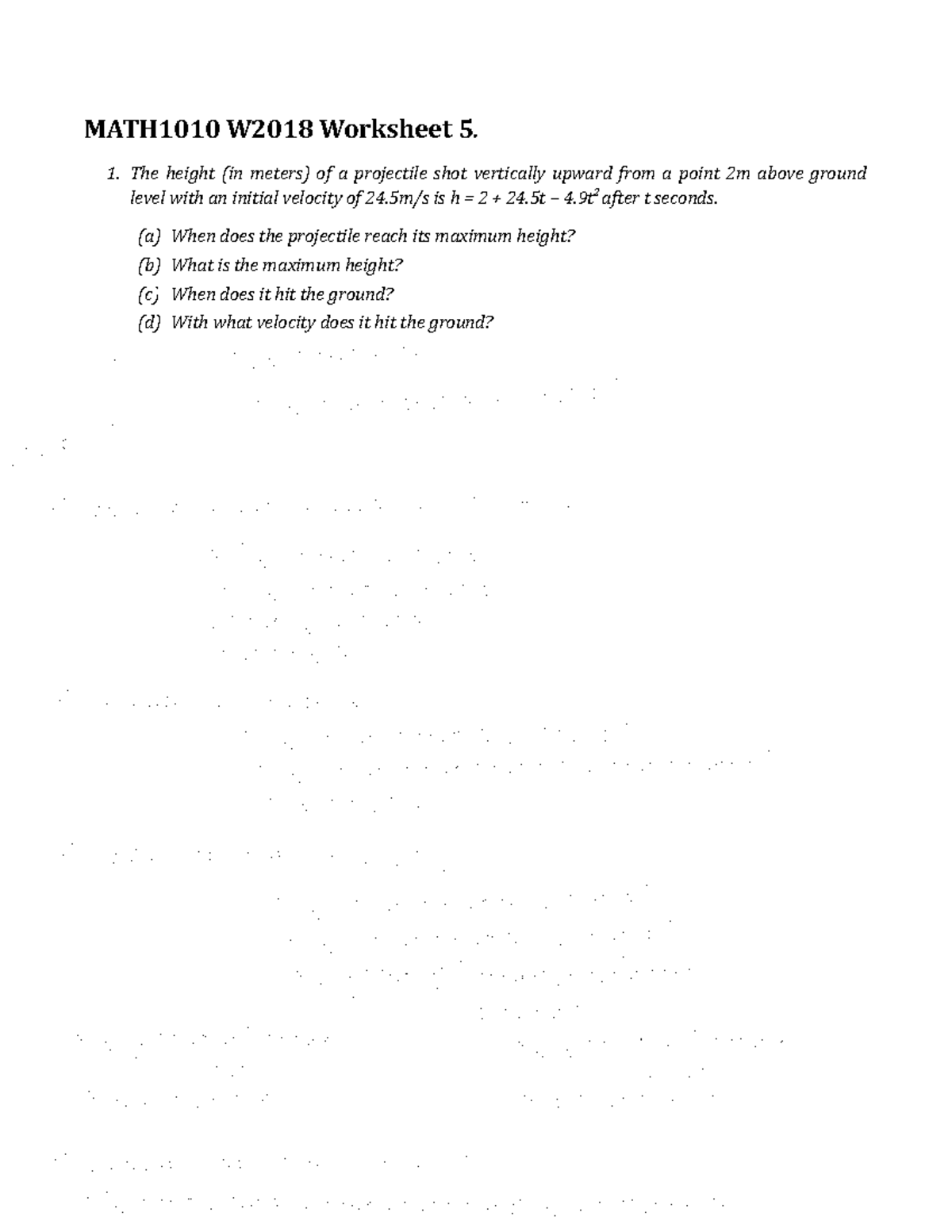 Calculus Tutorial Worksheet 5 - MATH1010 W2018 Worksheet 5. The height ...