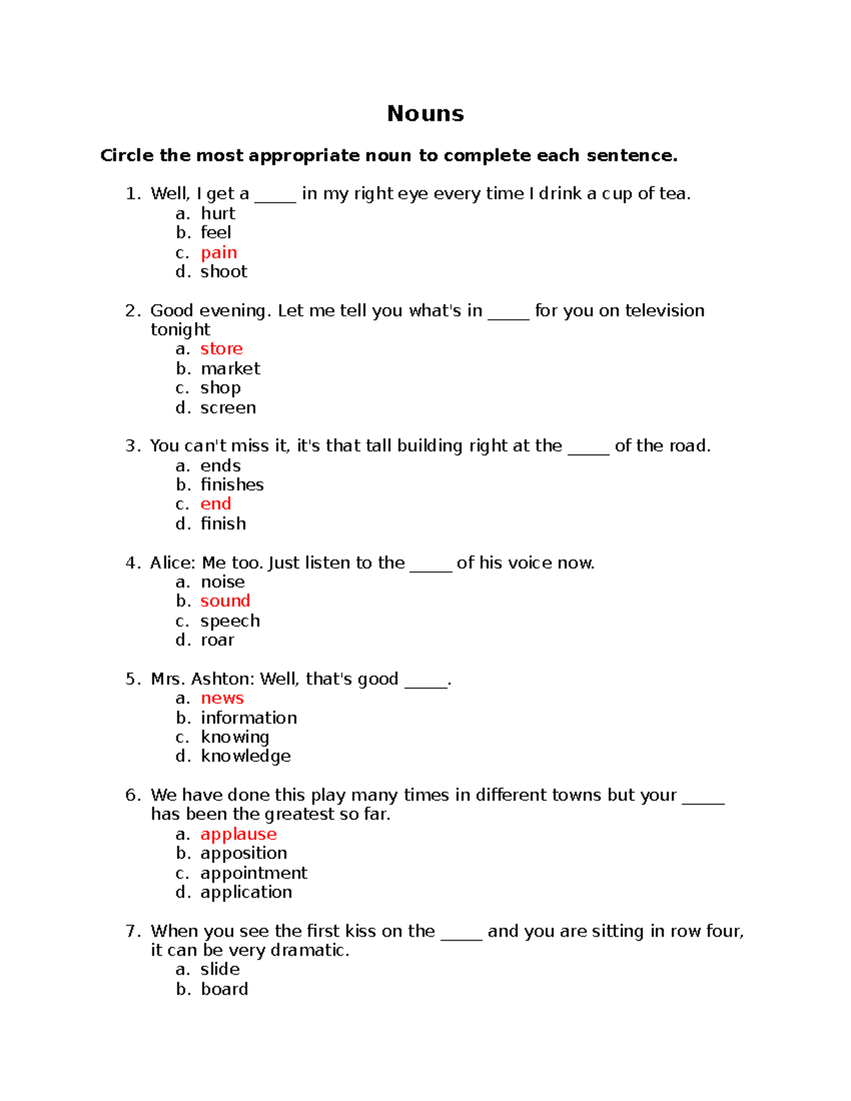 Nouns MQ - review - Nouns Circle the most appropriate noun to complete ...
