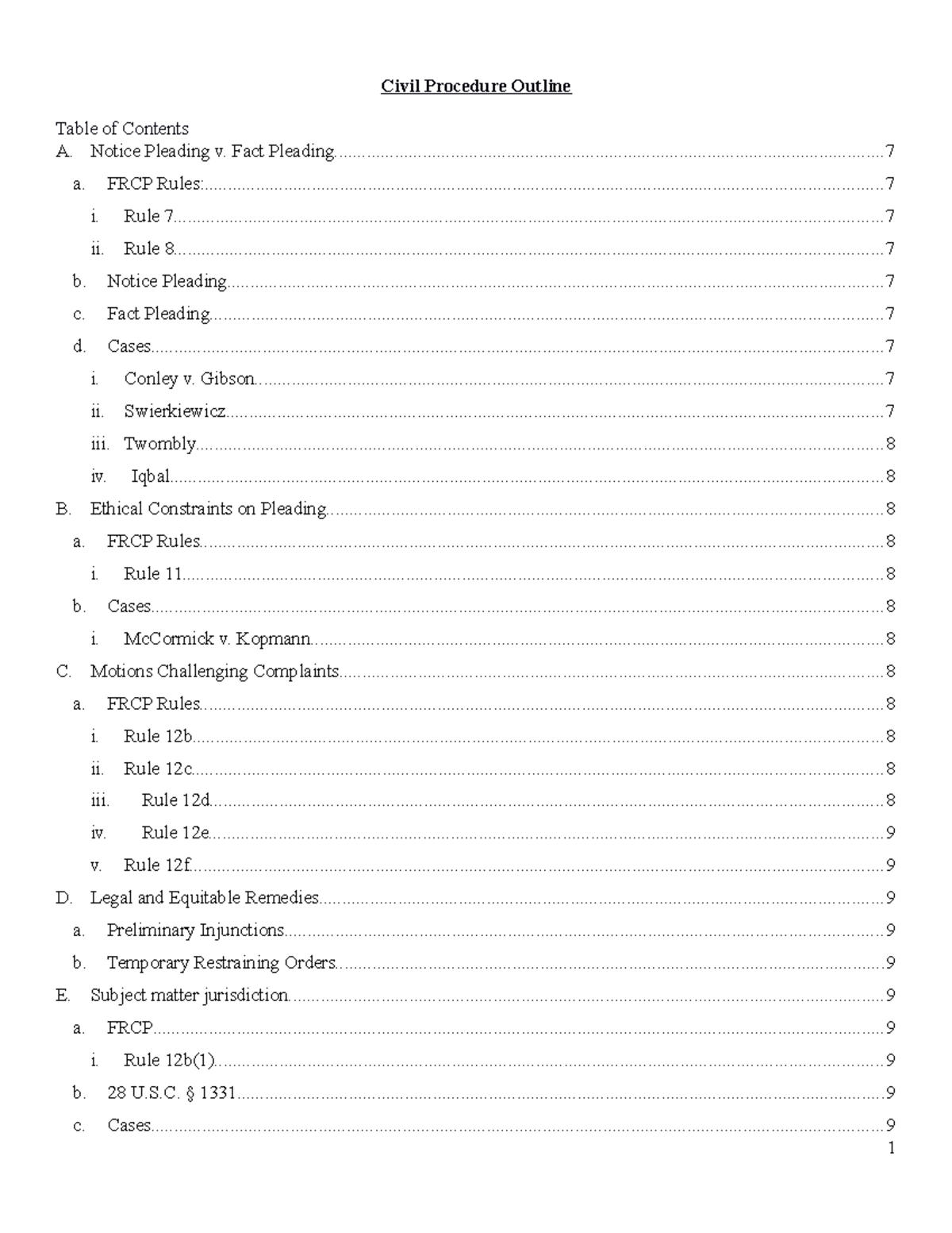 Civil Procedure Outline Final - Civil Procedure Outline A. Notice ...
