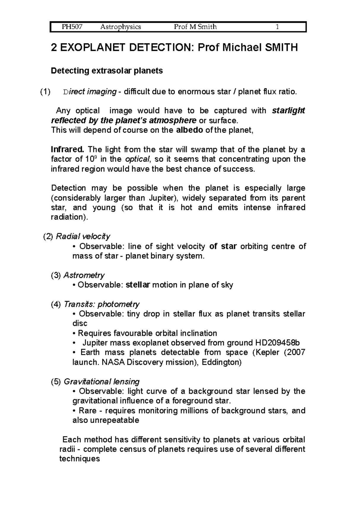 Lecture notes, lectures 1-Exoplanets 2 - 2 EXOPLANET DETECTION: Prof ...