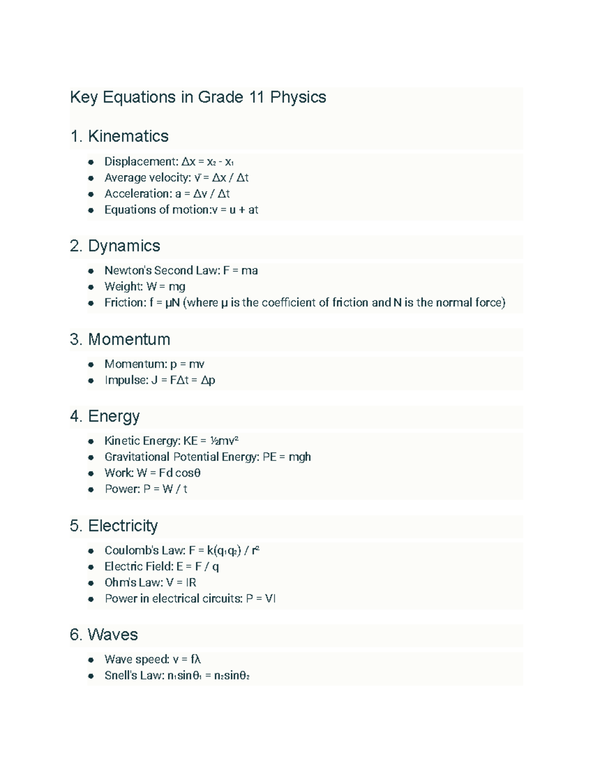 Key Equations in Grade 11 Physics - Kinematics Displacement: Δx = x₂ ...