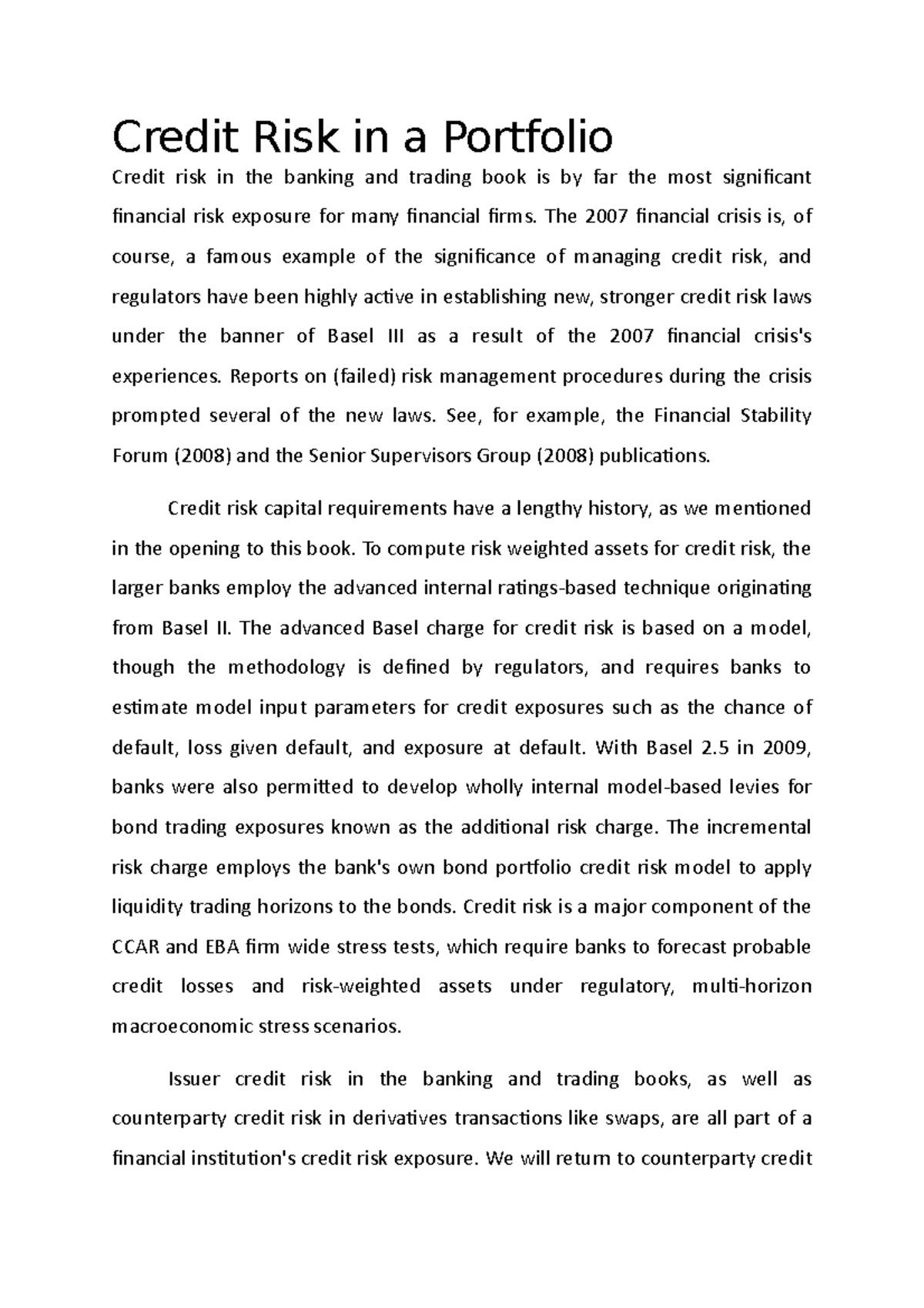 Credit Risk in a Portfolio - Credit Risk in a Portfolio Credit risk in ...