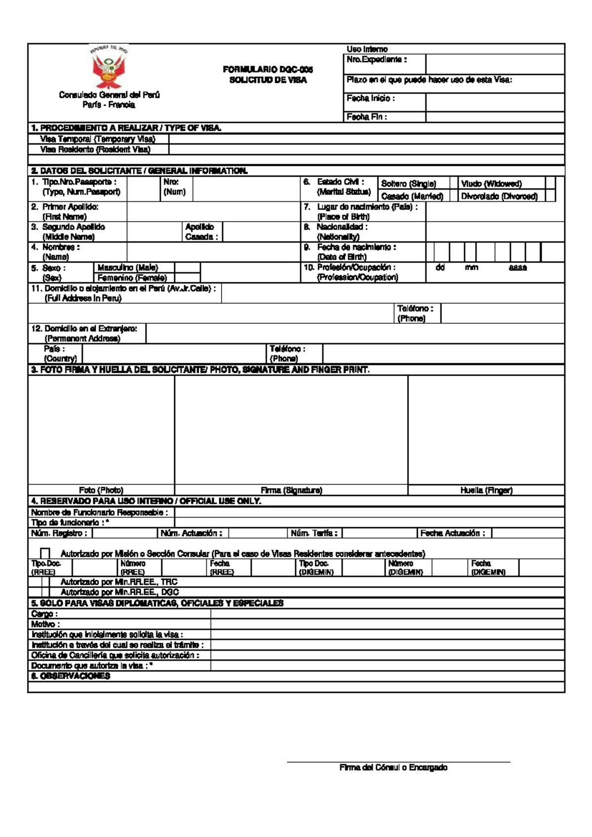 Ficha de Visa - .skfclksdfvfv - REPUBLICA DEL PERU Uso interno Nro ...