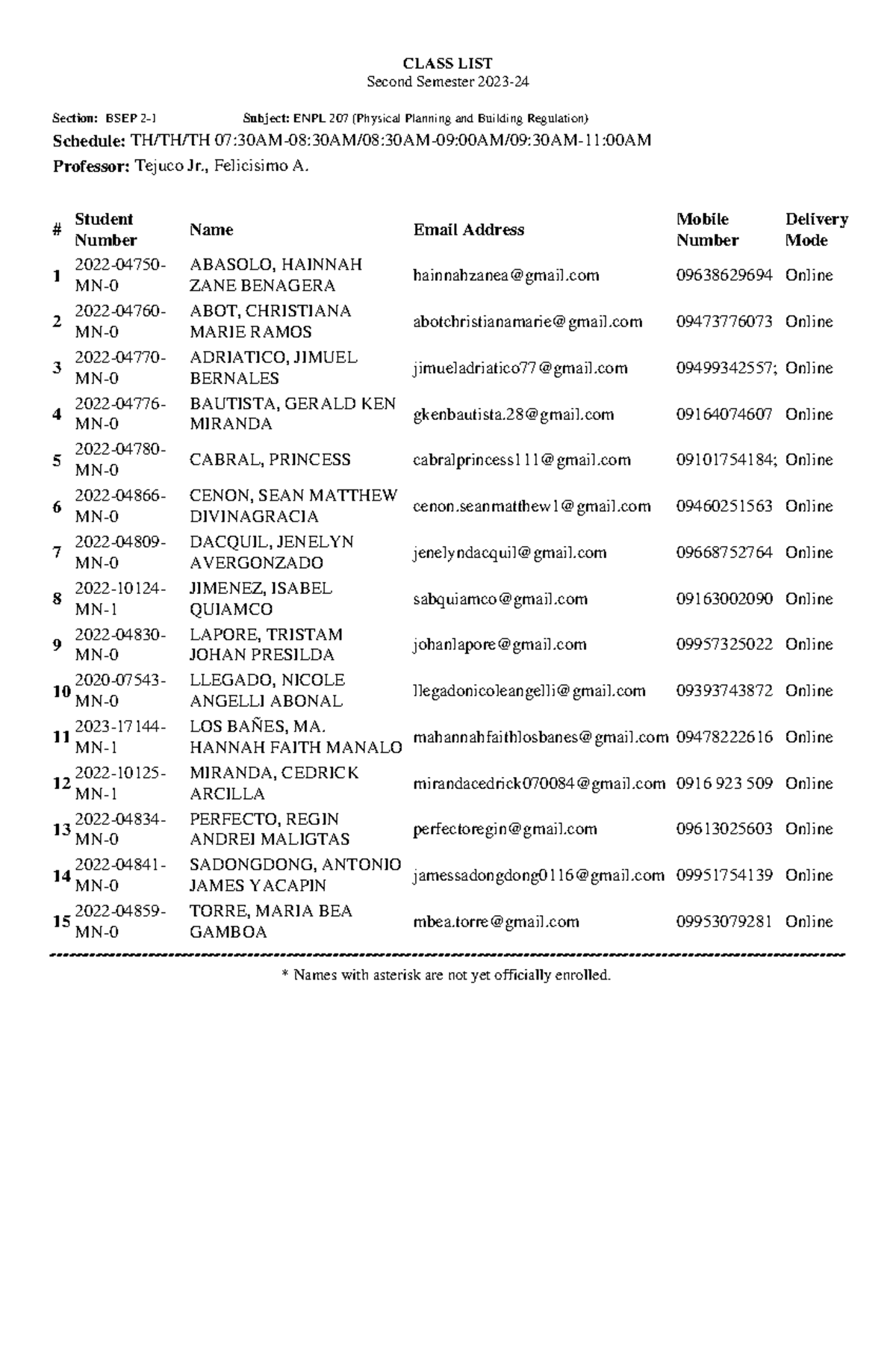 Classlist (39) - Reference - CLASS LIST Second Semester 2023- Section: BSEP 2-1 Subject: ENPL ...