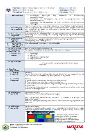 Fil 9 quiz (CO2) - Lesson Plan - Pangalan ...