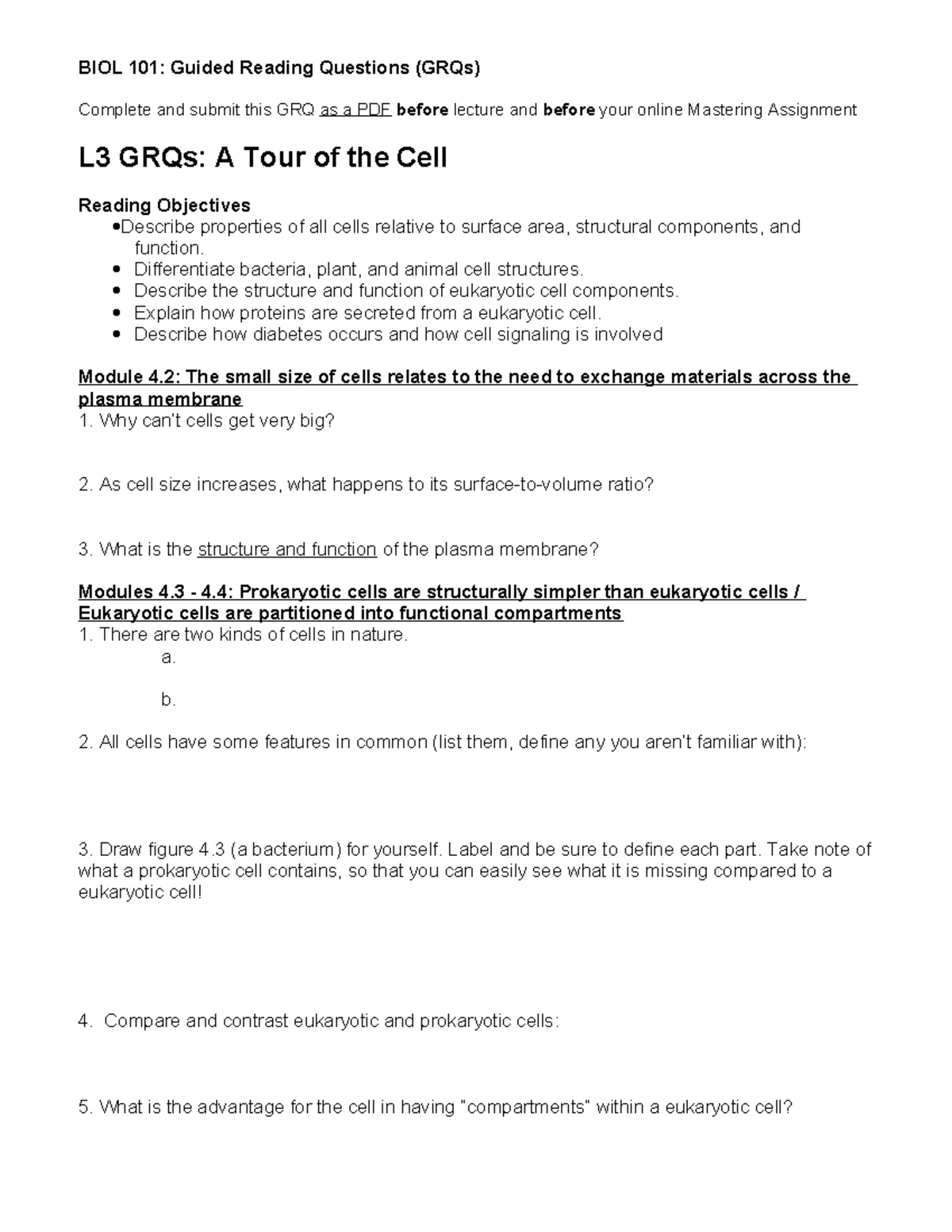 Lesson 3 GRQs A Tour of the Cell - BIOL 101: Guided Reading Questions ...