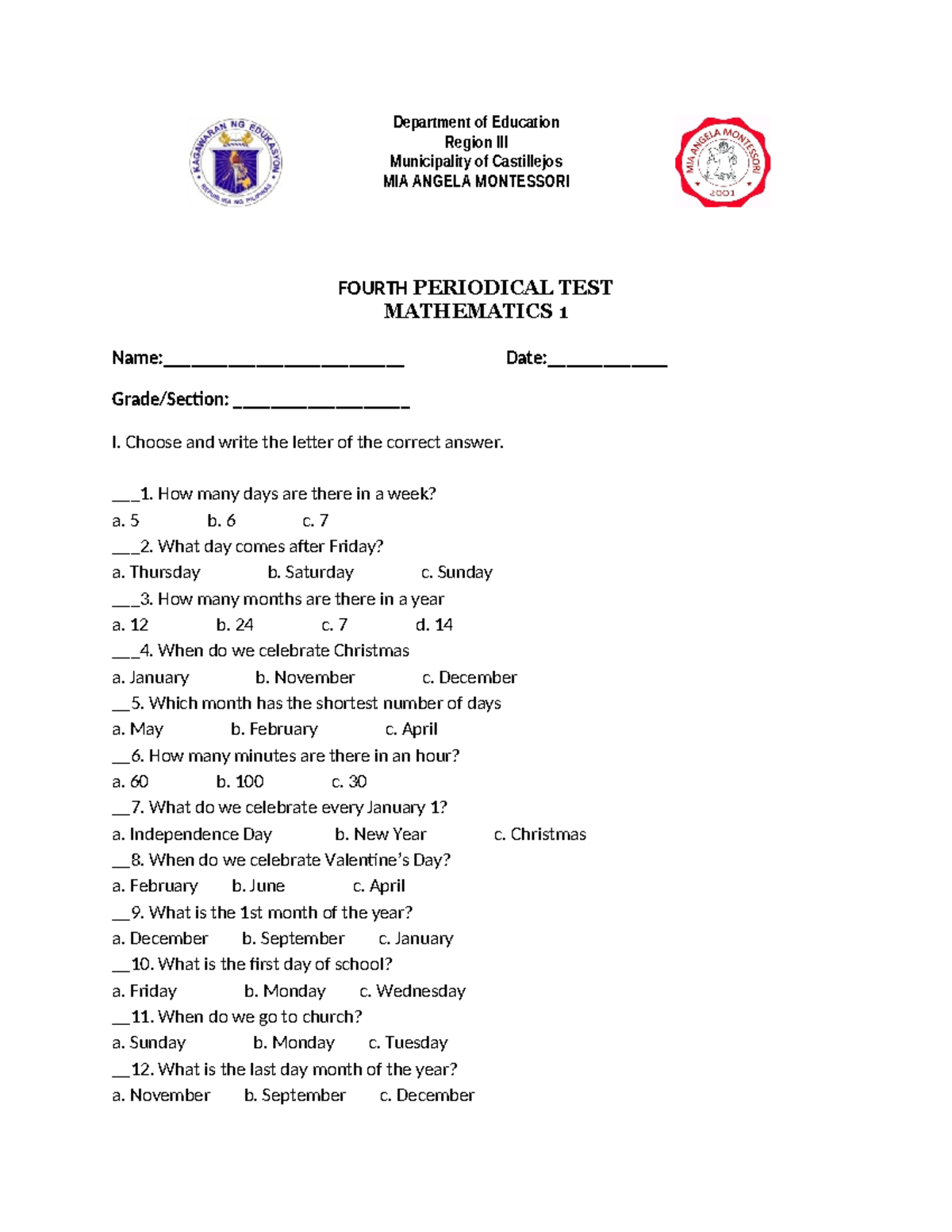 Grade 1 Mathematics Q4 - Math Exam - Department of Education Region III Municipality of ...