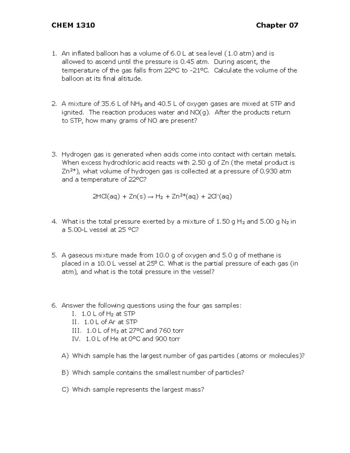 Chapter 07 Recitation Problems - CHEM 1310 Chapter 07 An inflated ...