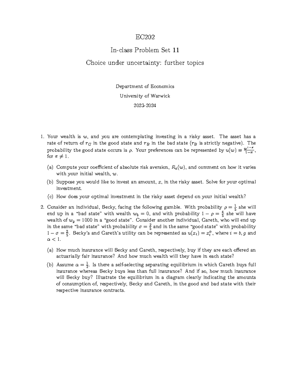 2023-2024 EC202 PS11 - Practice Sheet - EC In-class Problem Set 11 Choice under uncertainty ...