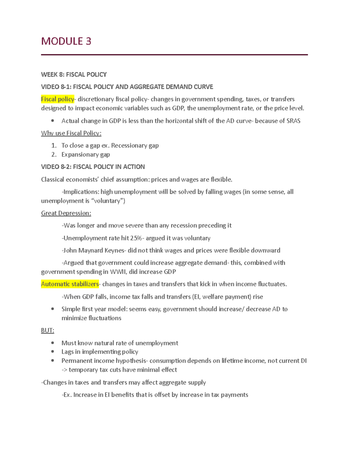 Module 3 Macroeconomics Notes - MODULE 3 WEEK 8: FISCAL POLICY VIDEO 8 ...