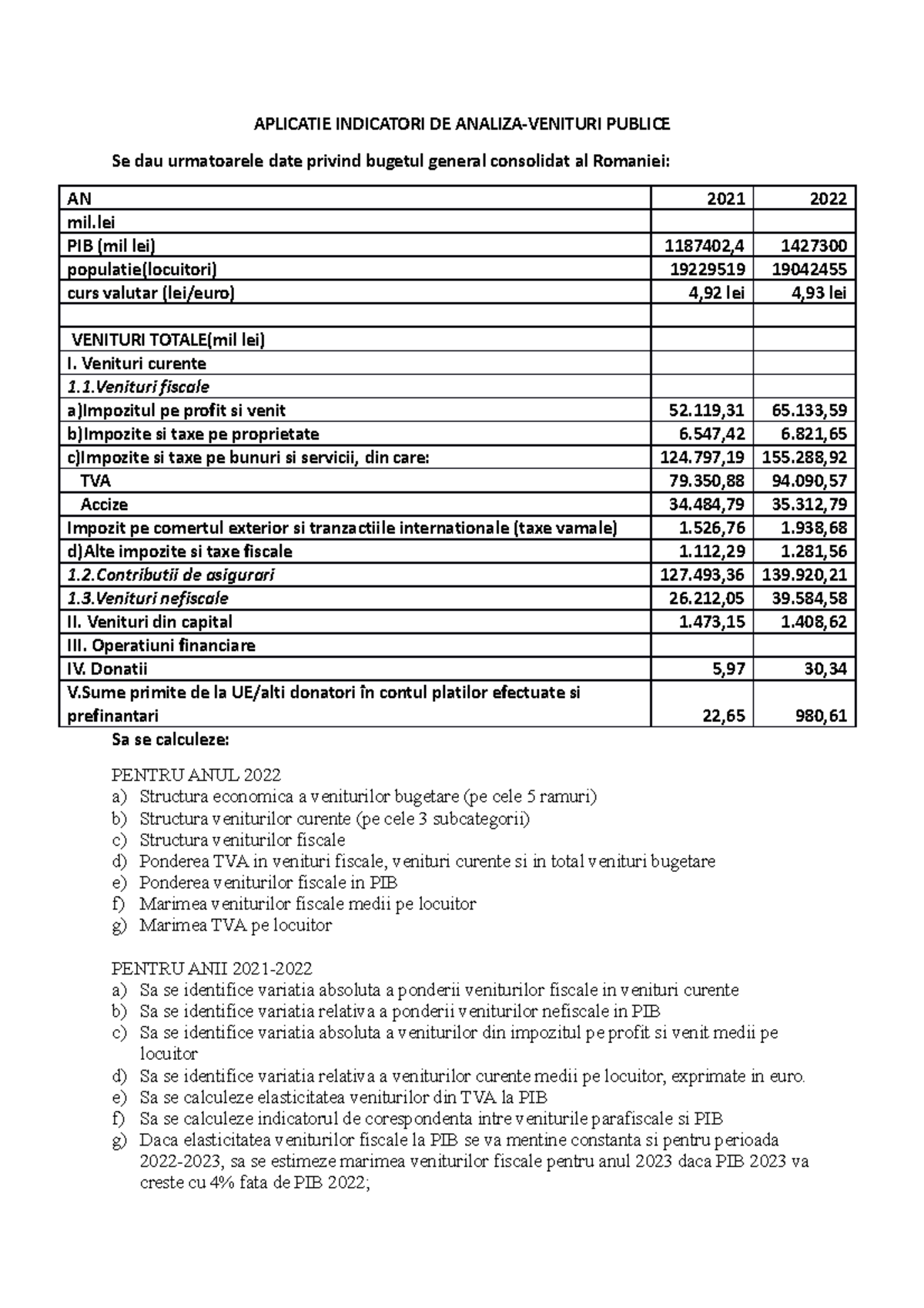 suport Finante NR. 4 - APLICATIE INDICATORI DE ANALIZA-VENITURI PUBLICE Se dau urmatoarele date ...