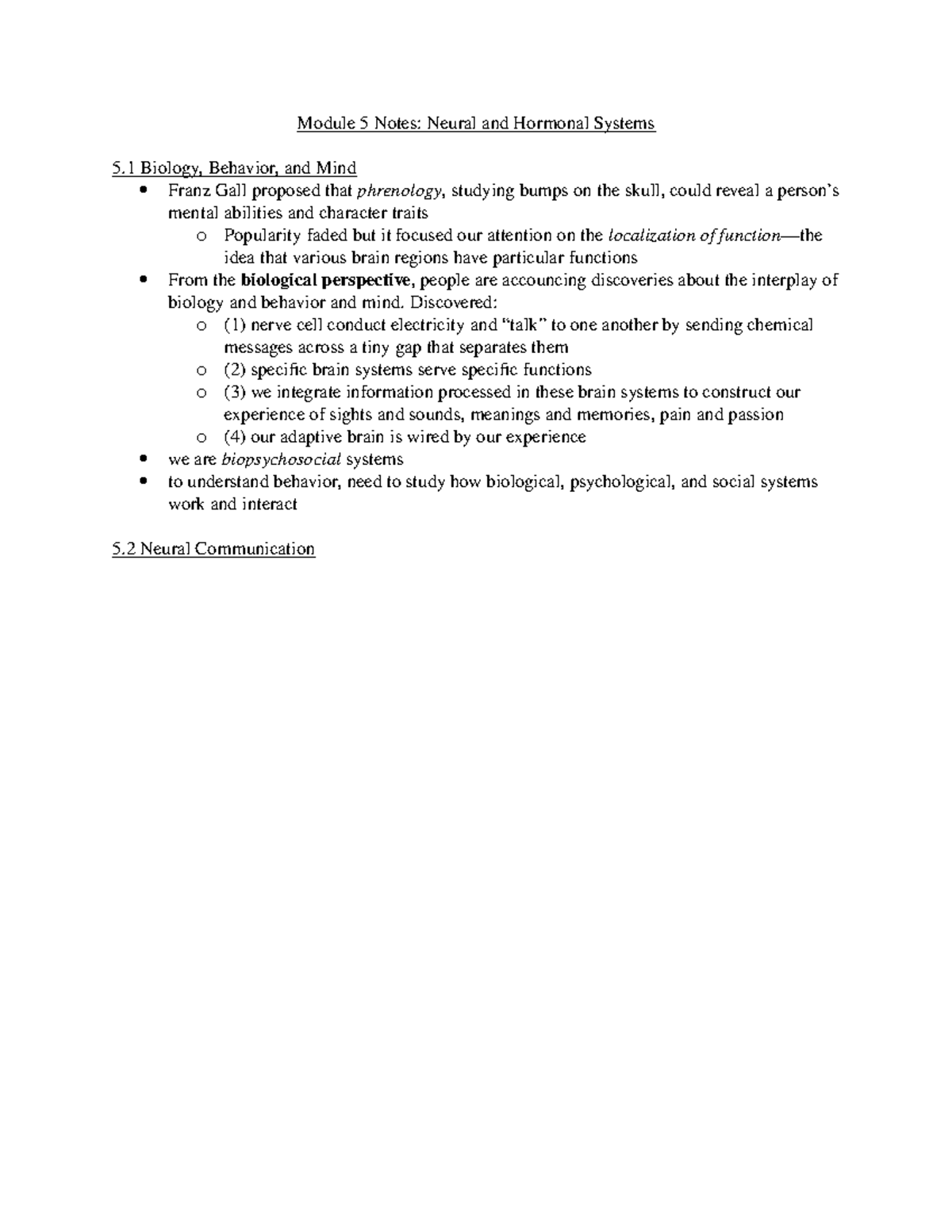 Module 5 Notes- neural and hormonal systems - Module 5 Notes: Neural ...