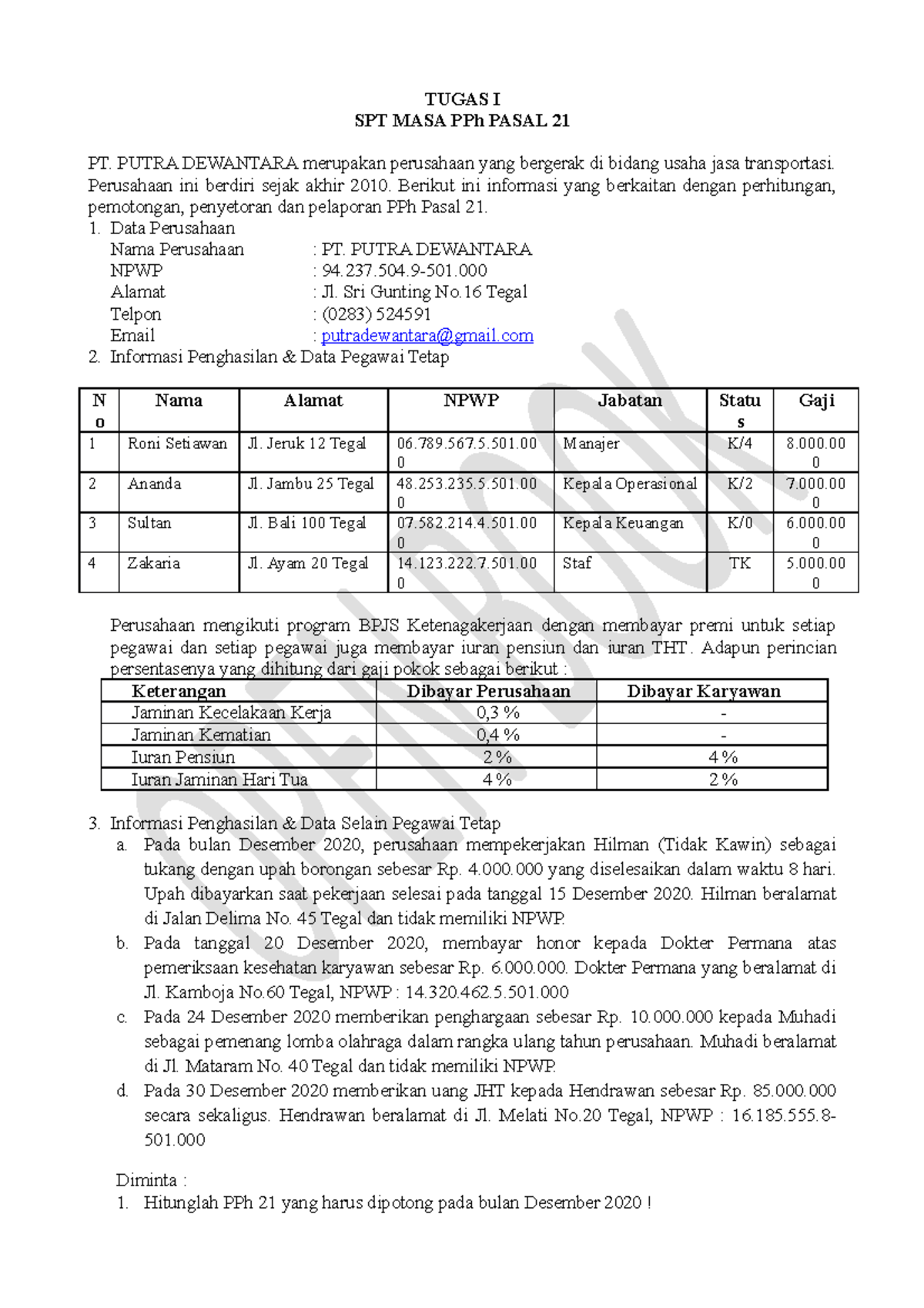 Tugas I - SPT MASA PPh 21 - Perpajakan - TUGAS I SPT MASA PPh PASAL 21 ...