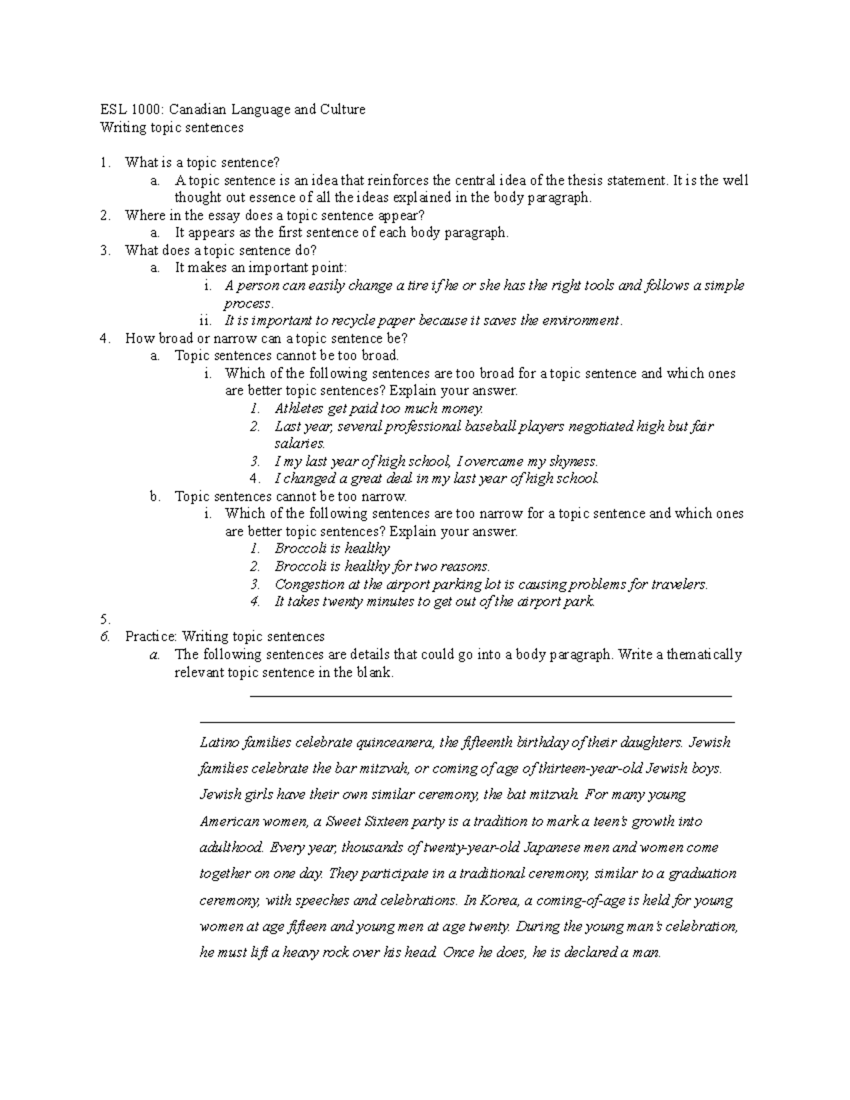 Writing Topic Sentences - ESL 1000: Canadian Language and Culture ...