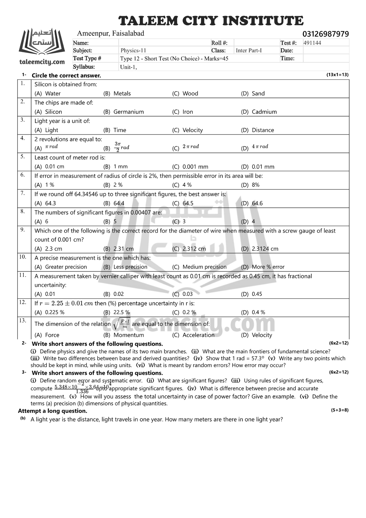 1st Year Physics Chapter Wise (taleemcity - applied physics - Studocu