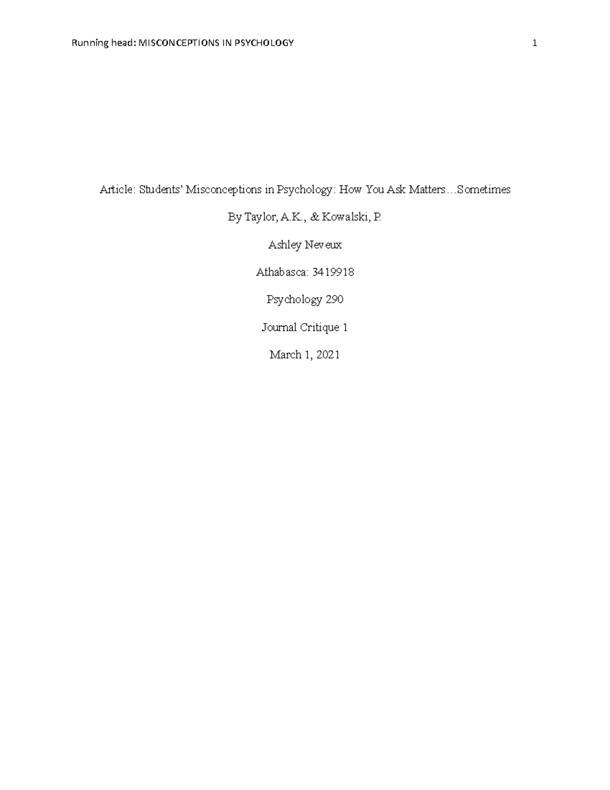 Misconception in psychology Article 1 - Running head: MISCONCEPTIONS IN ...