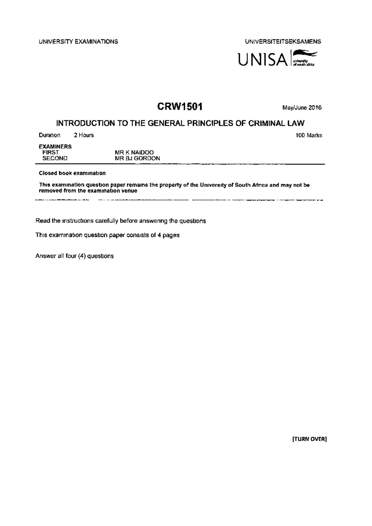 CRW1501 2016 6 E 1 - exam papers - CRW2601 - Studocu