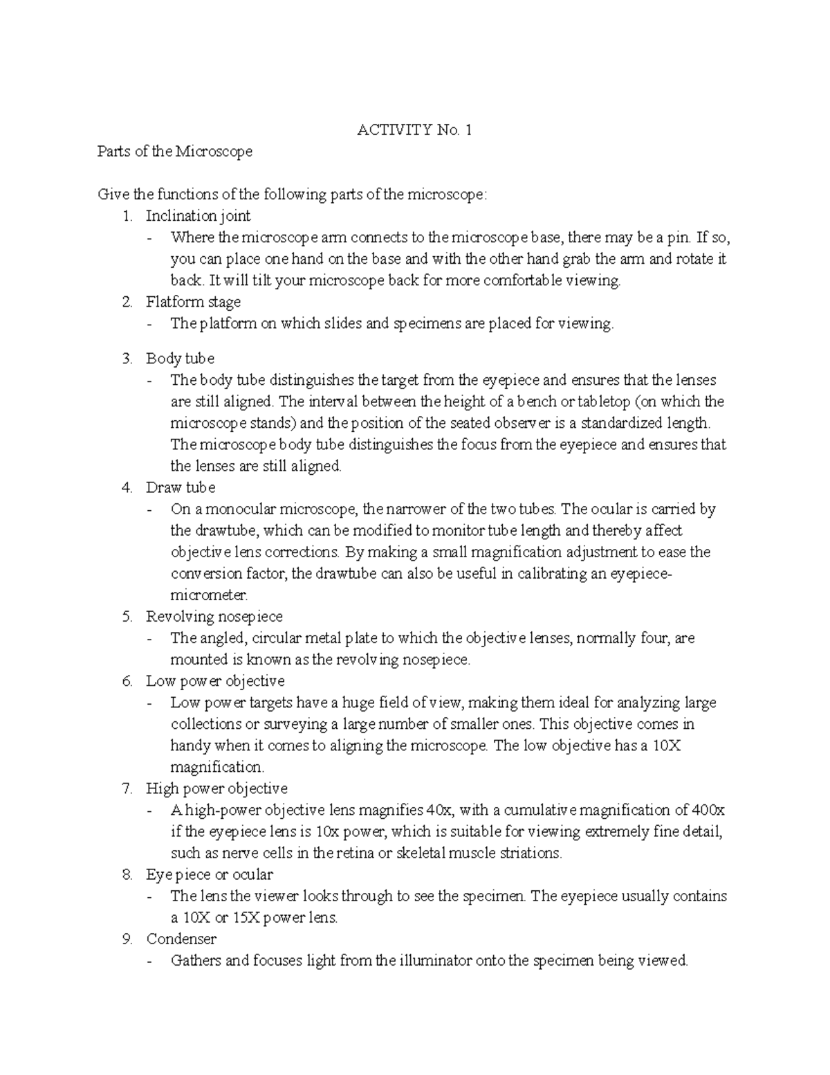Activity 1 Parts of the Microscope - ACTIVITY No. 1 Parts of the ...
