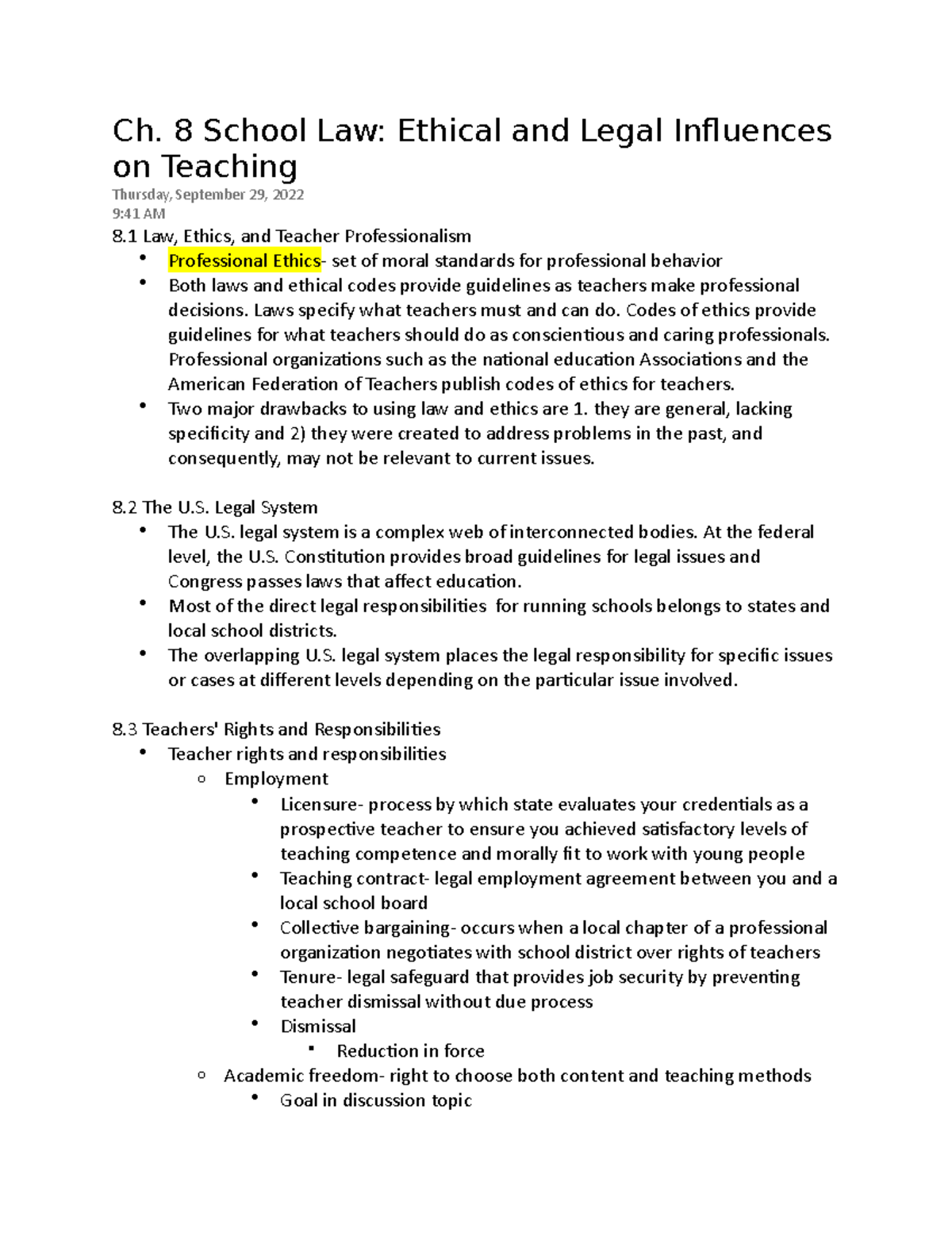 Ed-100 Ch. 8 - Chapter 8 notes - Ch. 8 School Law: Ethical and Legal ...