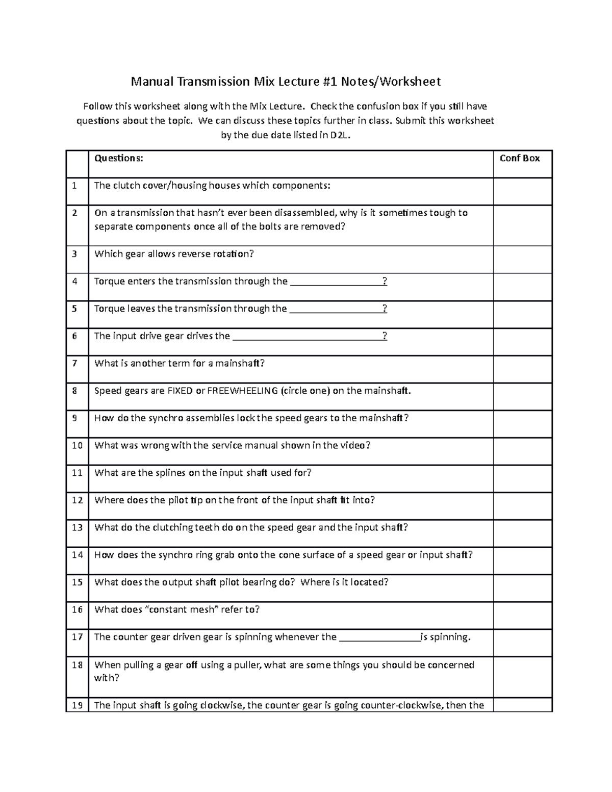 Manual Trans Mix Lecture One Worksheet - Manual Transmission Mix ...